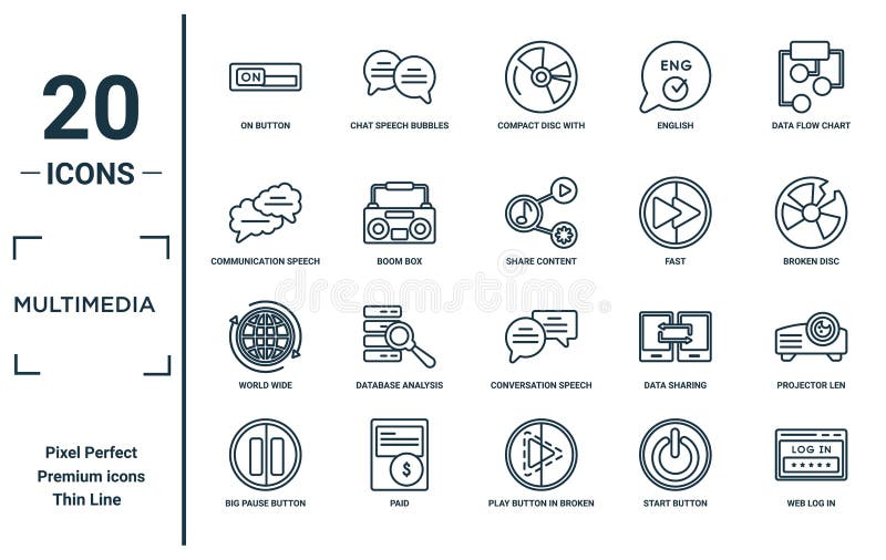 Multimedia Linear Icons, Signs, Symbols Vector Line Illustration Set ...