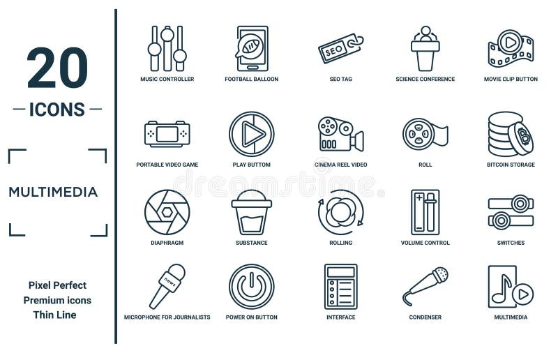 Multimedia Linear Icons, Signs, Symbols Vector Line Illustration Set ...