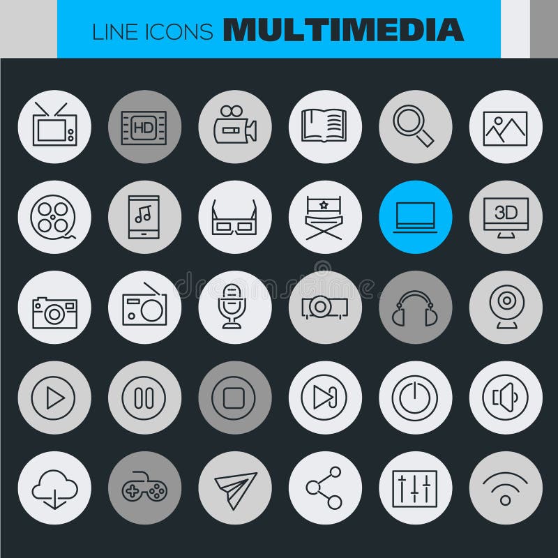 Big Multimedia Linear Icons Collection Stock Illustration ...