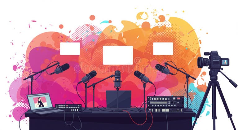 A Multimedia Podcast Setup Features Multiple Microphones and a Laptop ...