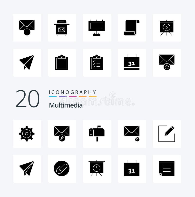 20 Multimedia Solid Glyph Icon Pack Like Paper Edit Mail Compose ...