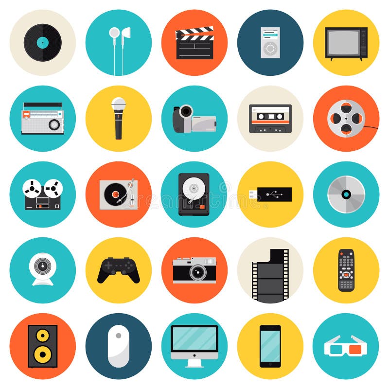 Multimedia and Technology Flat Icons Stock Vector - Illustration of ...