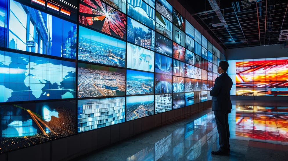 Multimedia Video Wall Featuring Multiple Screens Broadcasting Various ...