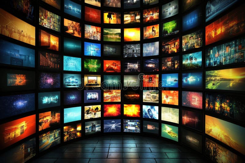 Multimedia Video Wall Showing Diverse Content in a Dark Room Stock ...