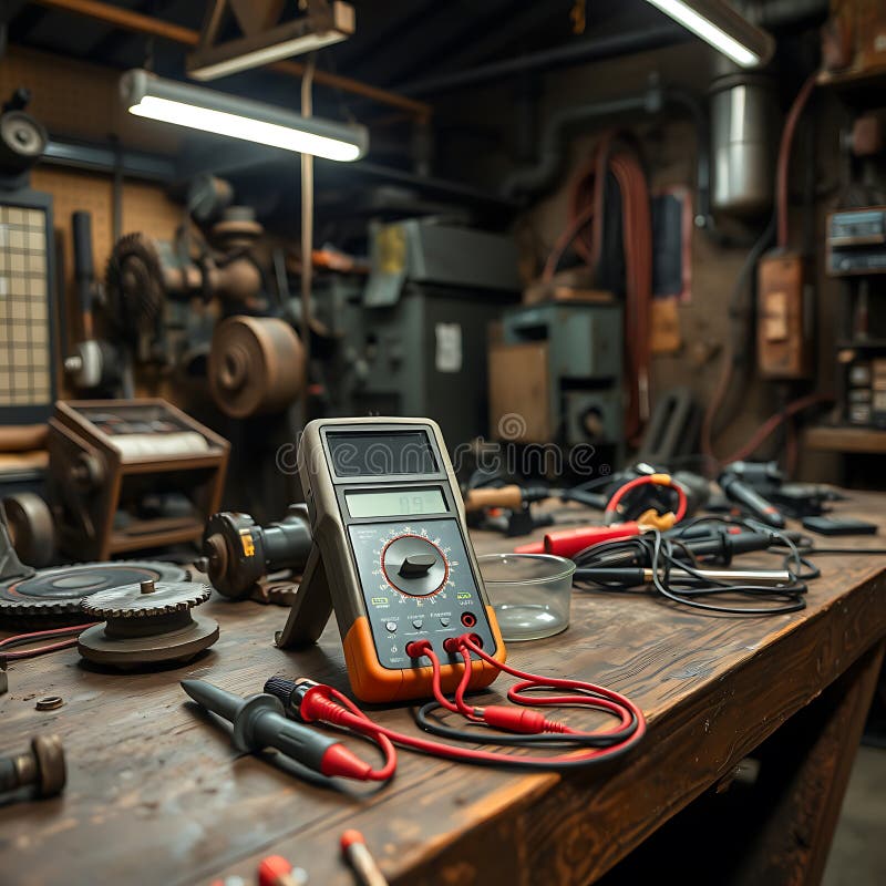 A Multimeter on a Rustic Workbench with Old Tools Gears and Wires ...