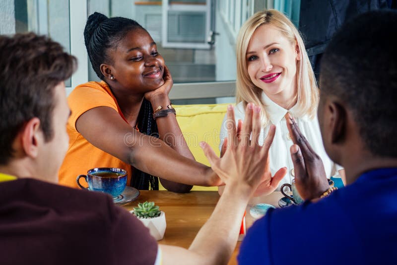 Multinational Group of Happy Friends Enjoy and Drinking Tea Cafe ...