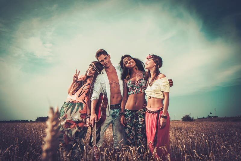 Multinational Hippie Friends in a Wheat Field Stock Photo - Image of ...