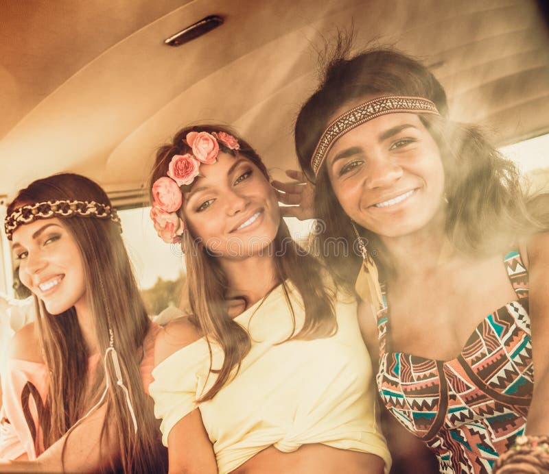 Hippie Girls on a Road Trip Stock Photo - Image of positive, chaplet ...