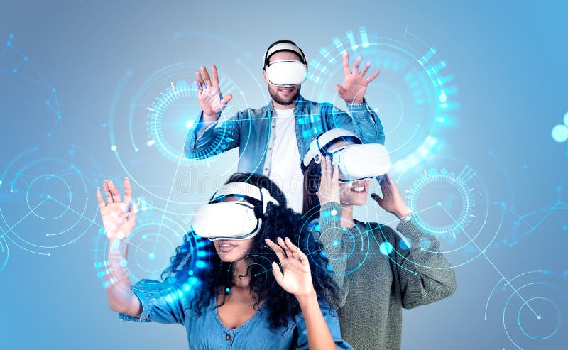 Three Young People in Vr Glasses, Hands Touching Digital Circles in ...