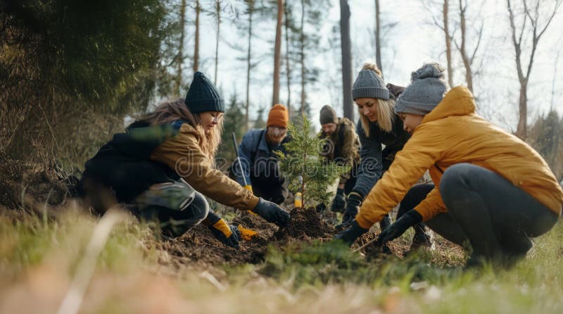 Multinational Team of Volunteers Planting Trees and Working on a ...