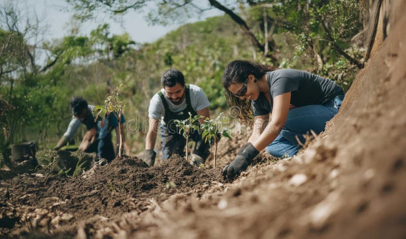 Multinational Team of Volunteers Planting Trees and Working on a ...