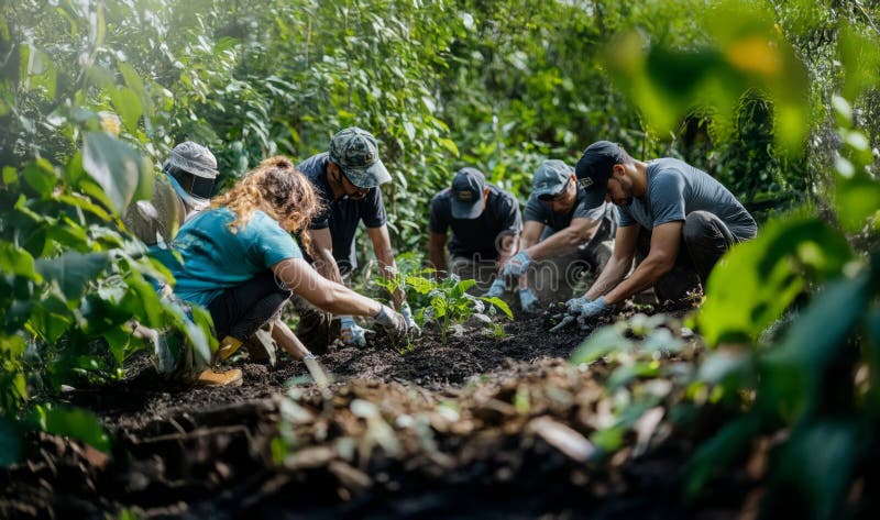 Multinational Team of Volunteers Planting Trees and Working on a ...