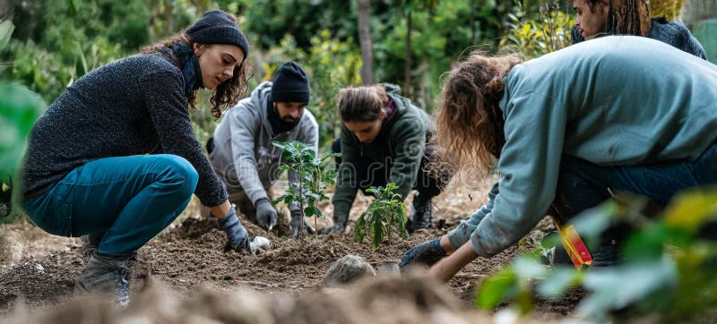 Multinational Team of Volunteers Planting Trees and Working on a ...