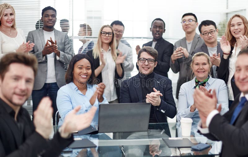 Multinational Working Group Celebrating Together Near Desktop Stock ...
