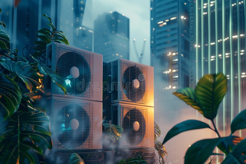 Industrial Air Conditioner Units in Urban Setting at Night. Global ...