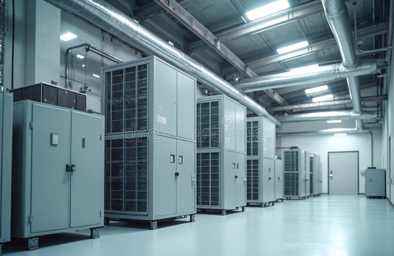 Multiple Air Conditioning Units in Row in Industrial Room with Pipes ...