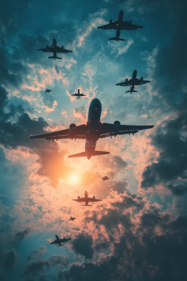 Multiple Airplanes Flying in Dramatic Sky at Sunset with Clouds ...
