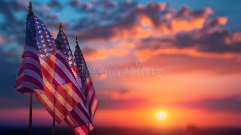 Multiple American Flags Wave Proudly Against a Vibrant Sunset Sky Stock ...