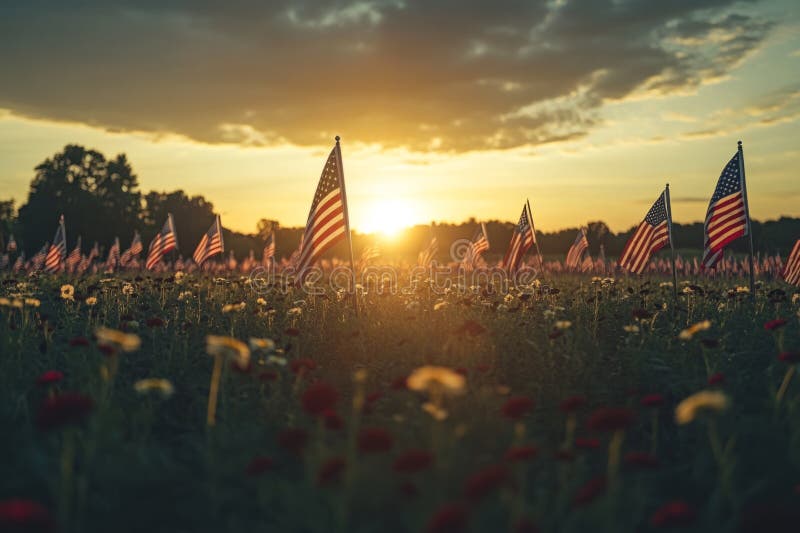 Multiple American Flags Waving in a Field of Flowers at Sunset ...