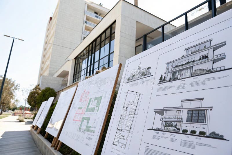 Multiple Architecture Plans on Building Drawing Made with Black Ink ...