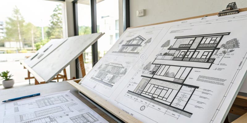 Multiple Architecture Plans on Building Drawing Made with Black Ink ...