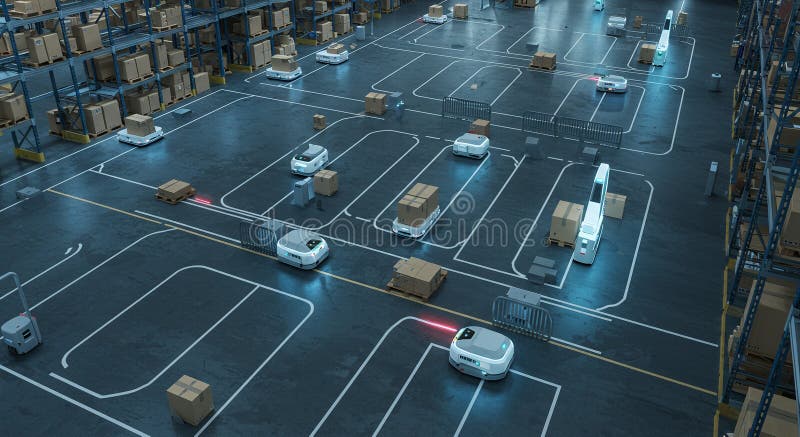 Futuristic Logistics Robots Moving Boxes in Warehouse Stock ...