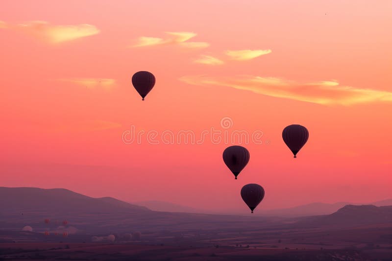 Multiple Balloons Taking Flight, Pinkorange Dawn Sky Stock Photo ...