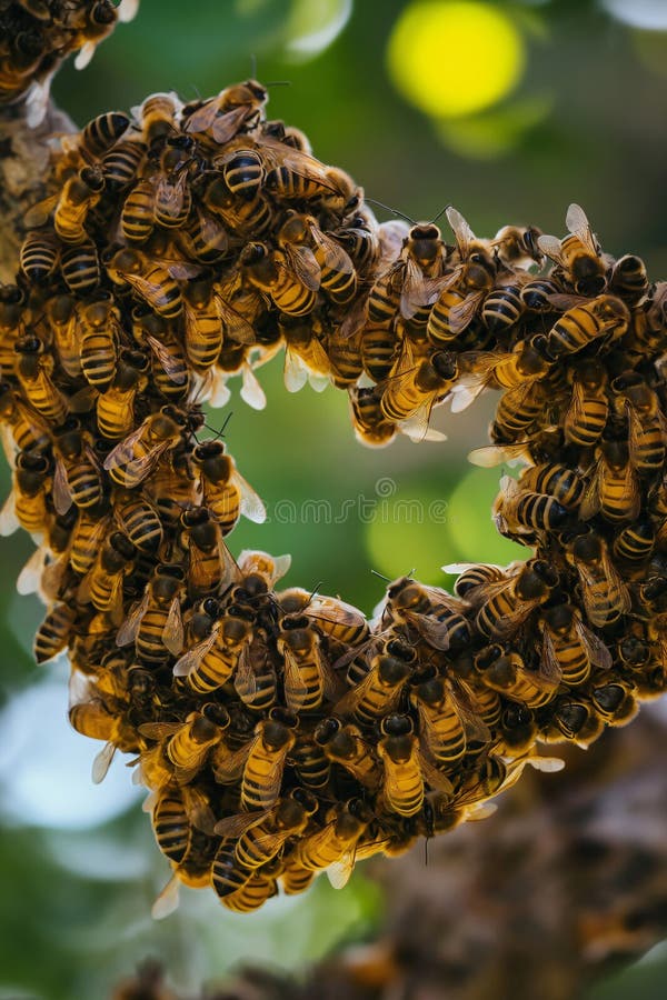 A Group of Heart-shaped Bees Gathered on a Tree Branch, Buzzing and ...