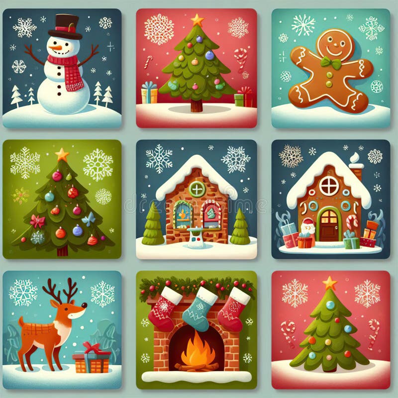 Multiple Big Squares of Different Christmas Themes Stock Illustration ...