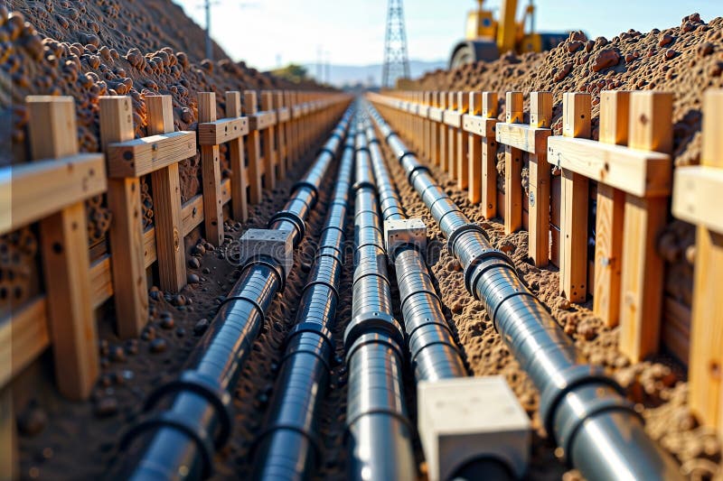 Multiple Black Pipes Being Installed in Construction Trench, Generative ...