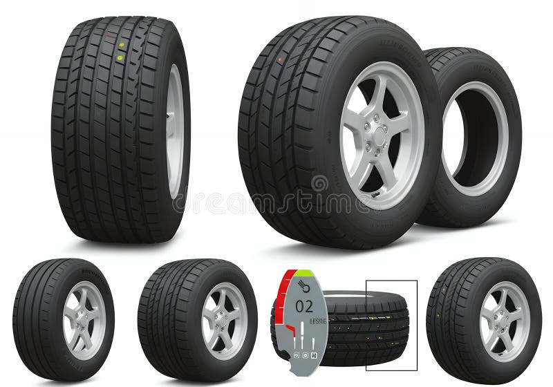 Multiple Black Tires with Silver Rims Rendered on a White Background ...