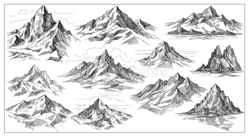 Multiple Black and White Sketches of Mountains are Displayed, Each ...