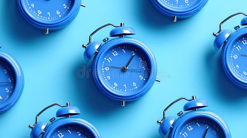 Multiple Blue Alarm Clocks Arranged on a Matching Blue Background ...