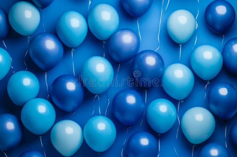 Multiple Blue Balloons Floating Tied with White Ribbons on a Blue ...