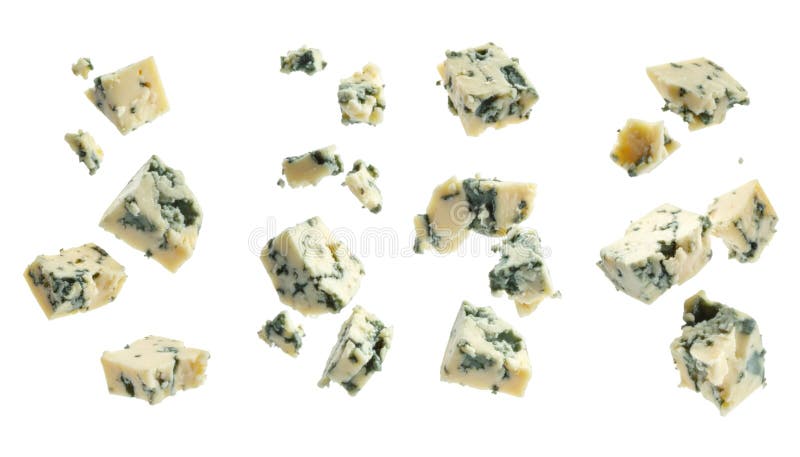 Multiple Blue Cheese Crumbles Levitating on Transparent Background ...