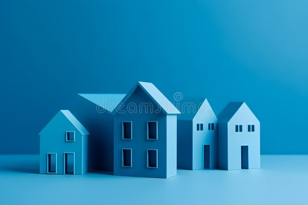 Miniature Blue Houses Model on Blue Background Stock Illustration ...