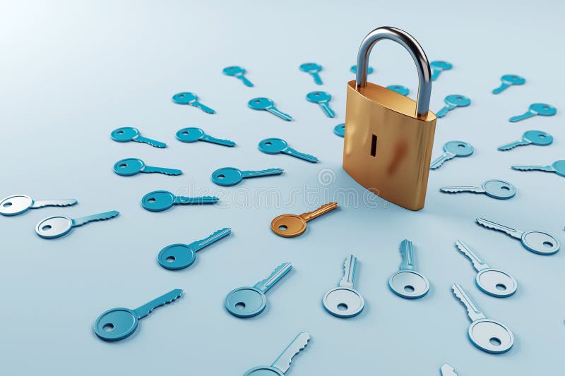 Multiple Blue Keys Scattered with a Central Gold Padlock on a Blue ...