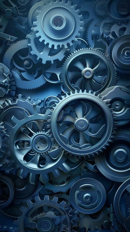 Multiple Blue Metallic Gears Interlocked in a Detailed Mechanical ...