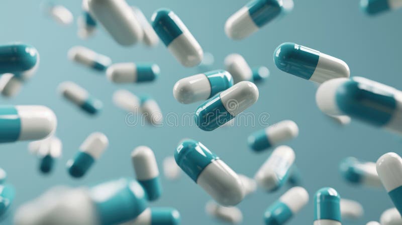 Multiple Blue and White Capsules are Floating Against a Light Blue ...