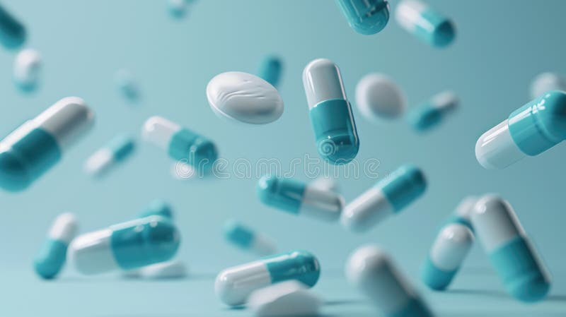 Multiple Blue and White Capsules are Floating Against a Light Blue ...