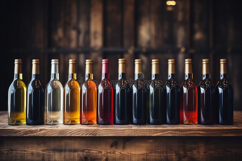 Multiple Bottles of Wine Lined Up in the Style of Rustic. Generative AI ...