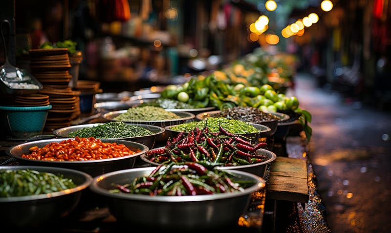 Rows of Various Food Bowls on Table Stock Photo - Image of array ...