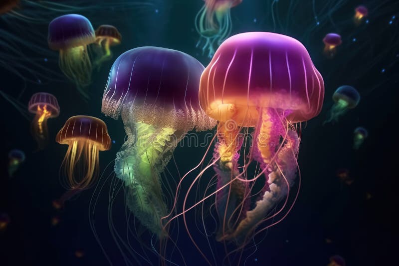 Multiple Brightly Coloured Jellyfish in the Depths of the Ocean with ...