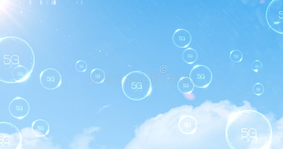 Multiple Bubbles with 5g Text Floating and Bursting Against Clouds in ...