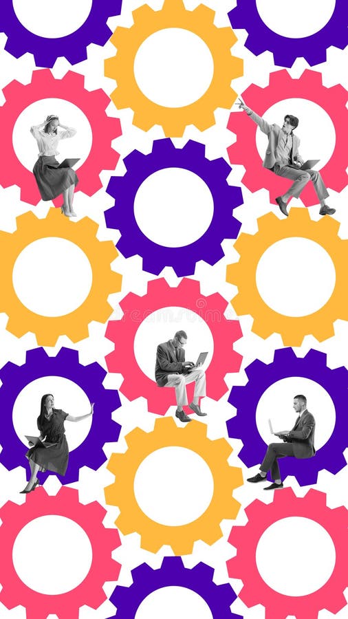 Multiple Business People Seated on Colorful Interconnected Gears ...