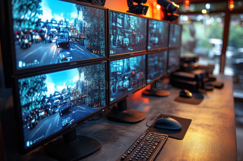 Multiple Camera Feeds Displayed on CCTV Monitor for Security. AI ...