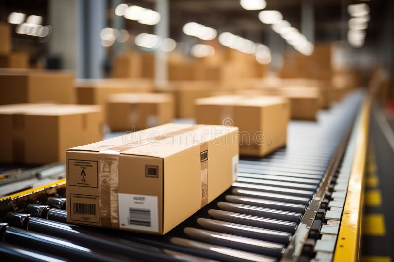 Multiple Cardboard Box Packages on Conveyor Roller Ready for Shipping ...