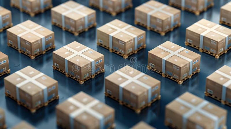 Multiple Cardboard Boxes Neatly Arranged in Rows on a Shiny Reflective ...