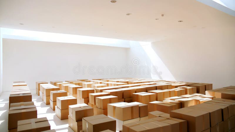 Multiple Cardboard Boxes Occupy a Contemporary, Minimalist White Room ...