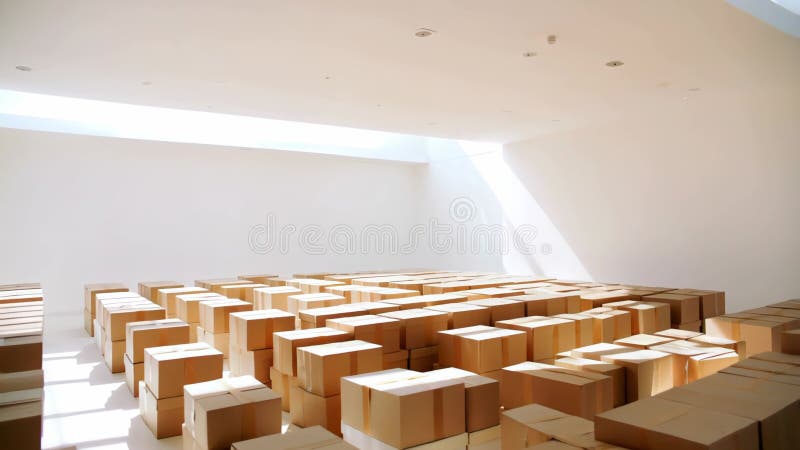 Multiple Cardboard Boxes Occupy a Contemporary, Minimalist White Room ...